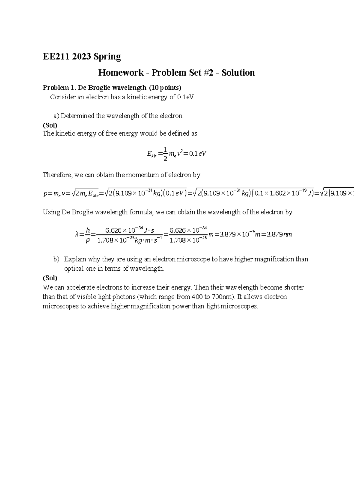 EE211 2023 Homework 2 sol - EE211 2023 Spring Homework - Problem Set #2 - Solution Problem 1. De ...