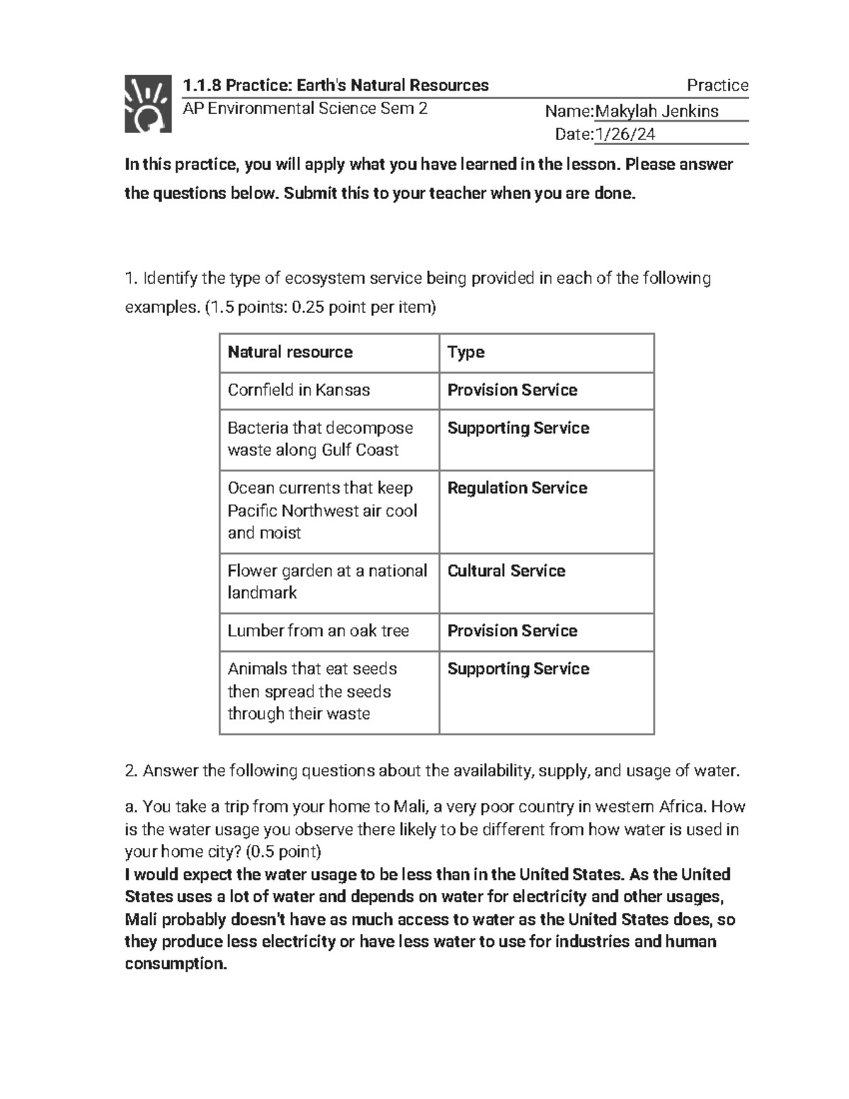 1.1.8 Practice - Earth's Natural Resources (Practice) - 1.1 Practice ...