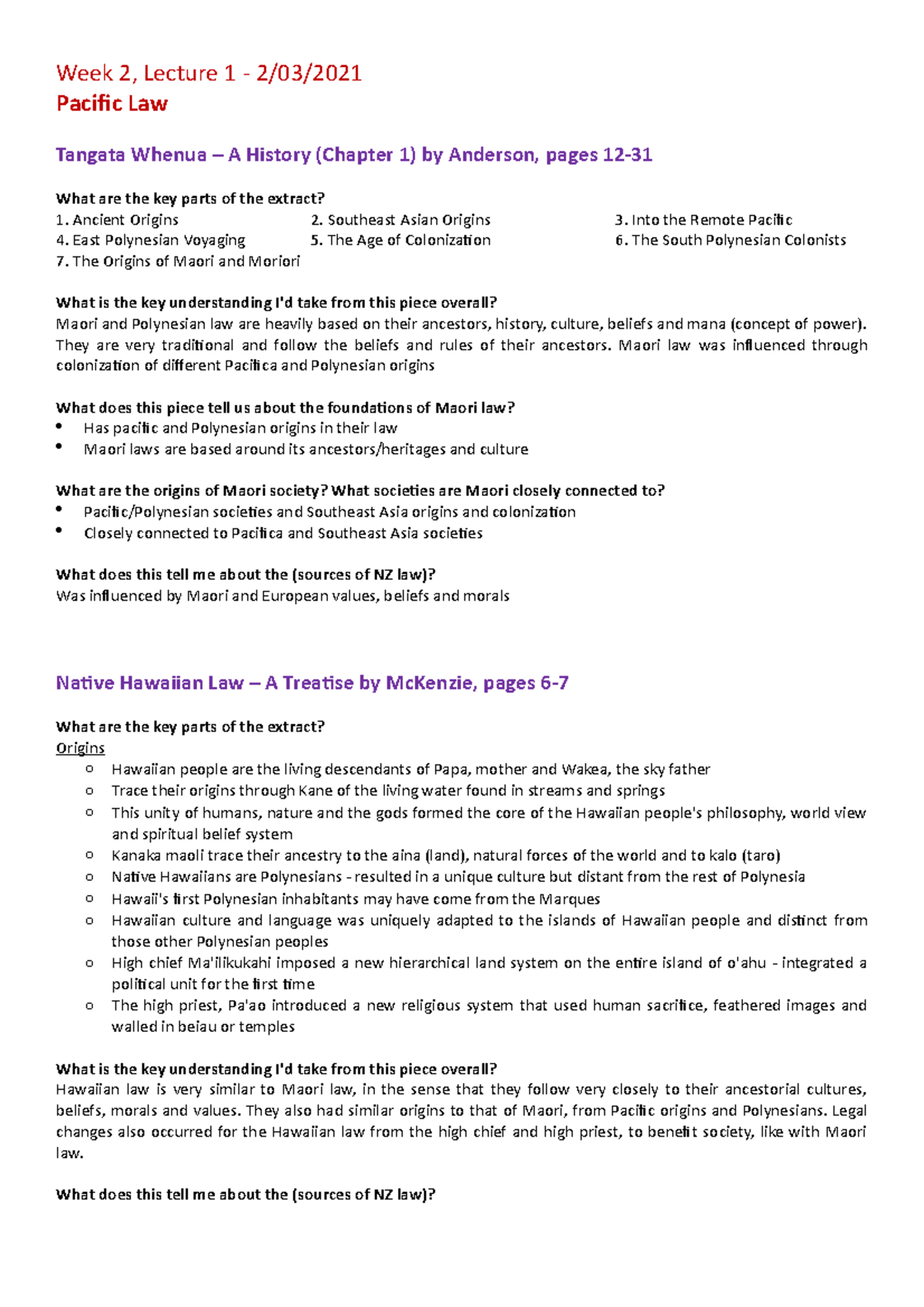 LAWS121 Week 2, Lecture 1 on Pacific Law - Week 2, Lecture 1 - 2/03/ Pacific Law Tangata Whenua ...