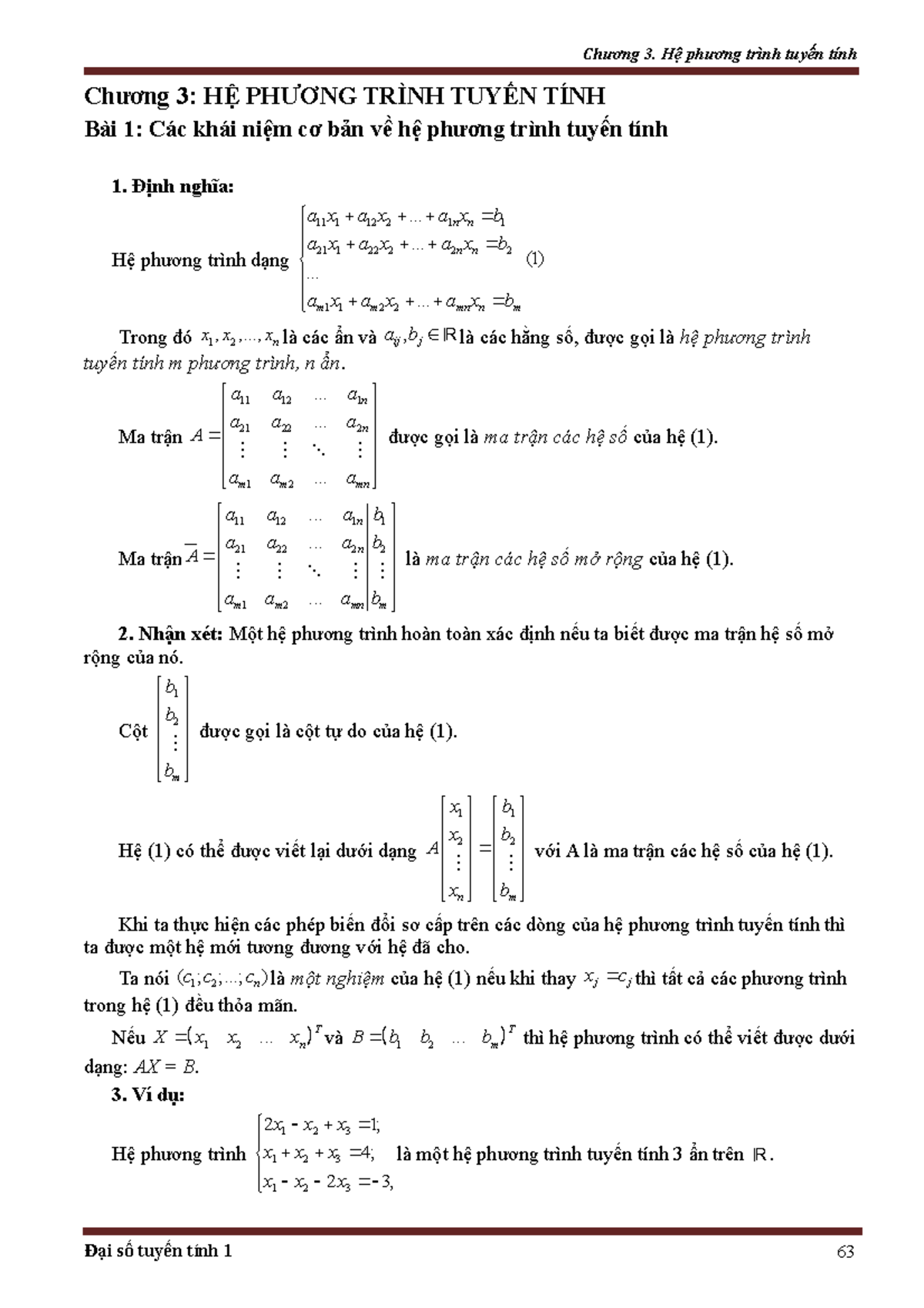 Ch ng H ph ng tr nh tuy n t nh - Chương 3: HỆ PHƯƠNG TRÌNH TUYẾN TÍNH Bài 1: Các khái niệm cơ ...