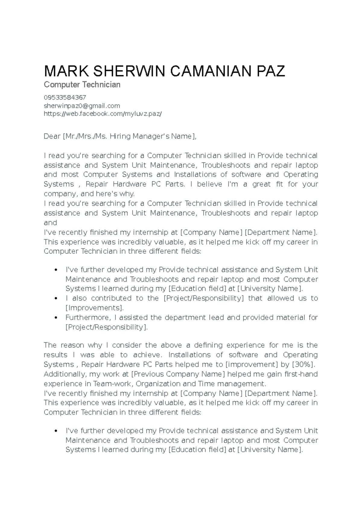 Sample Cover Letter - MARK SHERWIN CAMANIAN PAZ Computer Technician ...