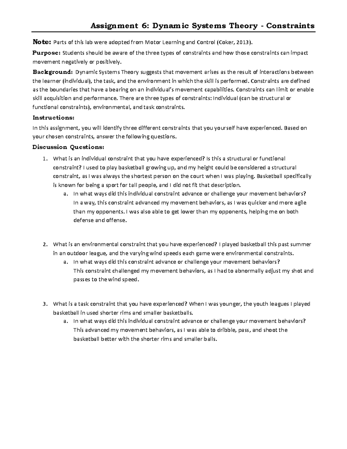 Assignment 6 Dynamic Systems Theory - Assignment 6 : Dynamic Systems Theory - Constraints Note ...