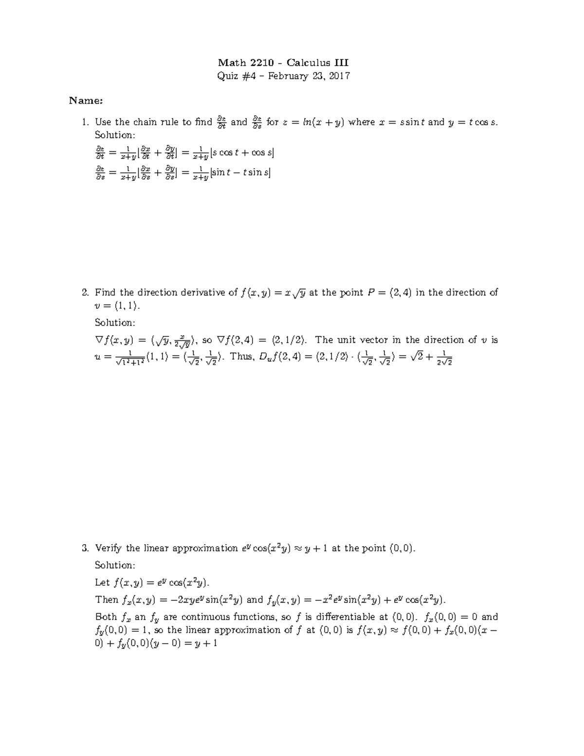 2210 04 Sp17 Quiz 4 - Calculus 2 - Quiz Week 4 - Math 2210 - Calculus ...