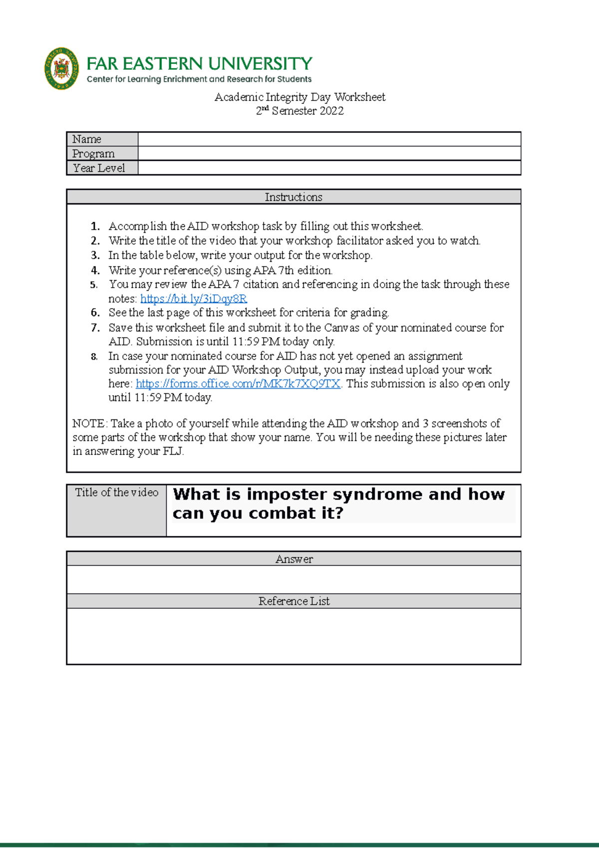 AID Worksheet - none - Academic Integrity Day Worksheet 2 nd Semester ...