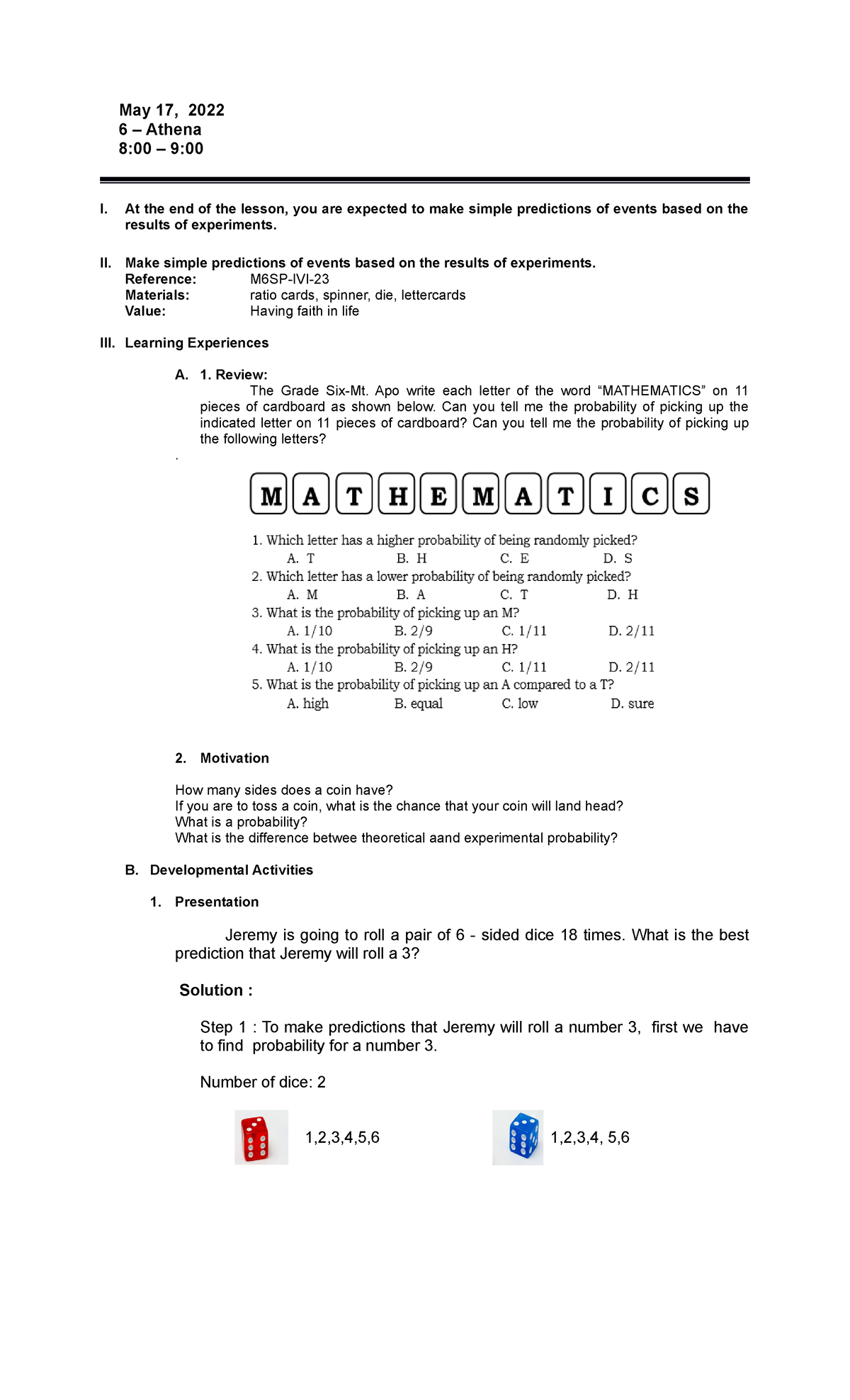 Lesson-Plan-in-grade-6-simple-predictions - May 17, 2022 6 – Athena 8: ...