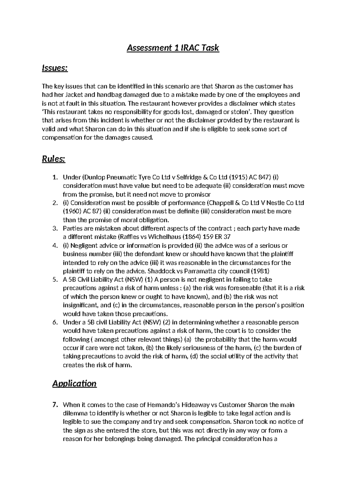 Assessment 1 IRAC Task - Assessment 1 IRAC Task Issues: The key issues ...