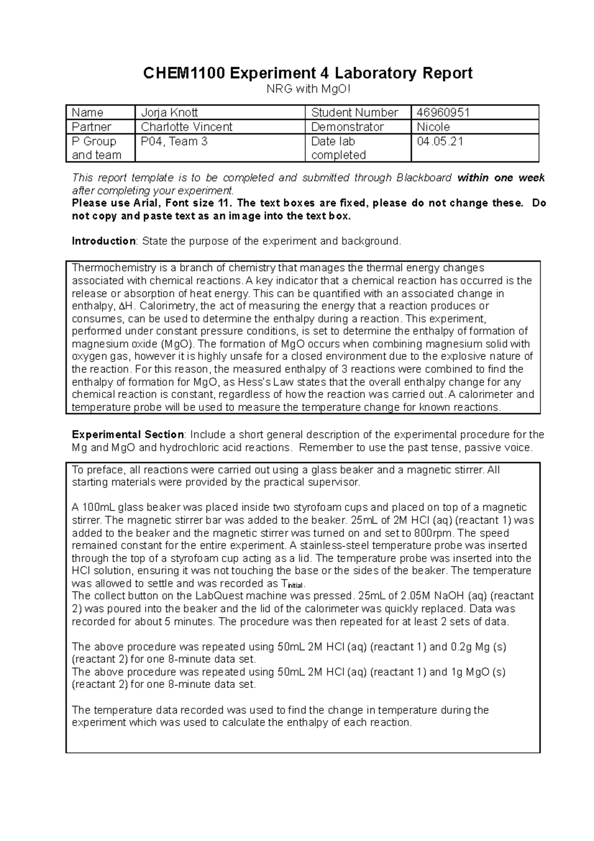 CHEM1100 Experiment 4 report - CHEM1100 Experiment 4 Laboratory Report ...