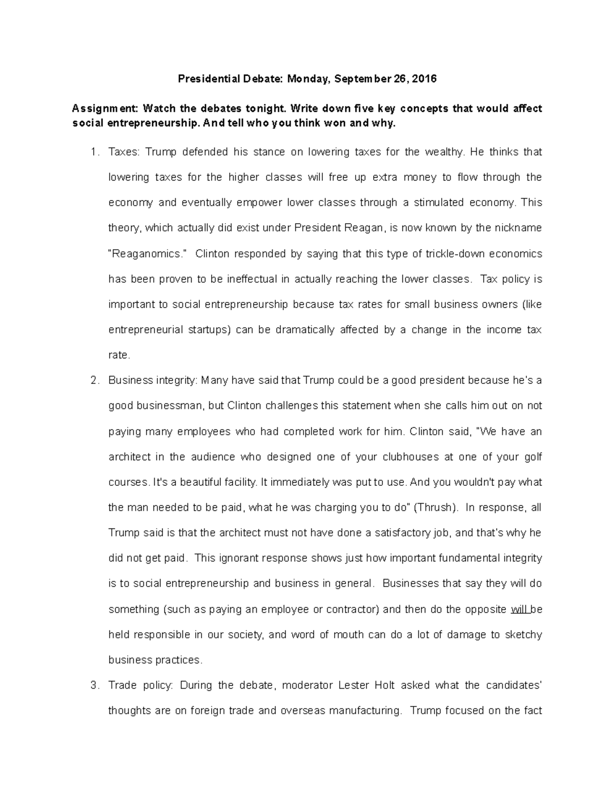 Debate Assignment - Presidential Debate: Monday, September 26, 2016 ...