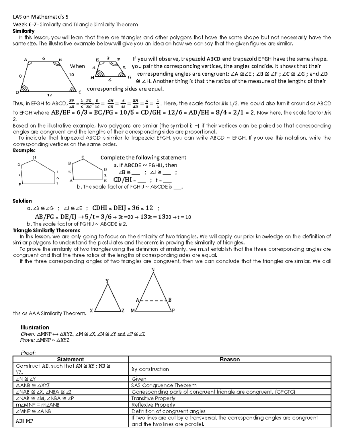 Similarity And Triangle Similarity Theorem Las On Mathematcis 9 Week