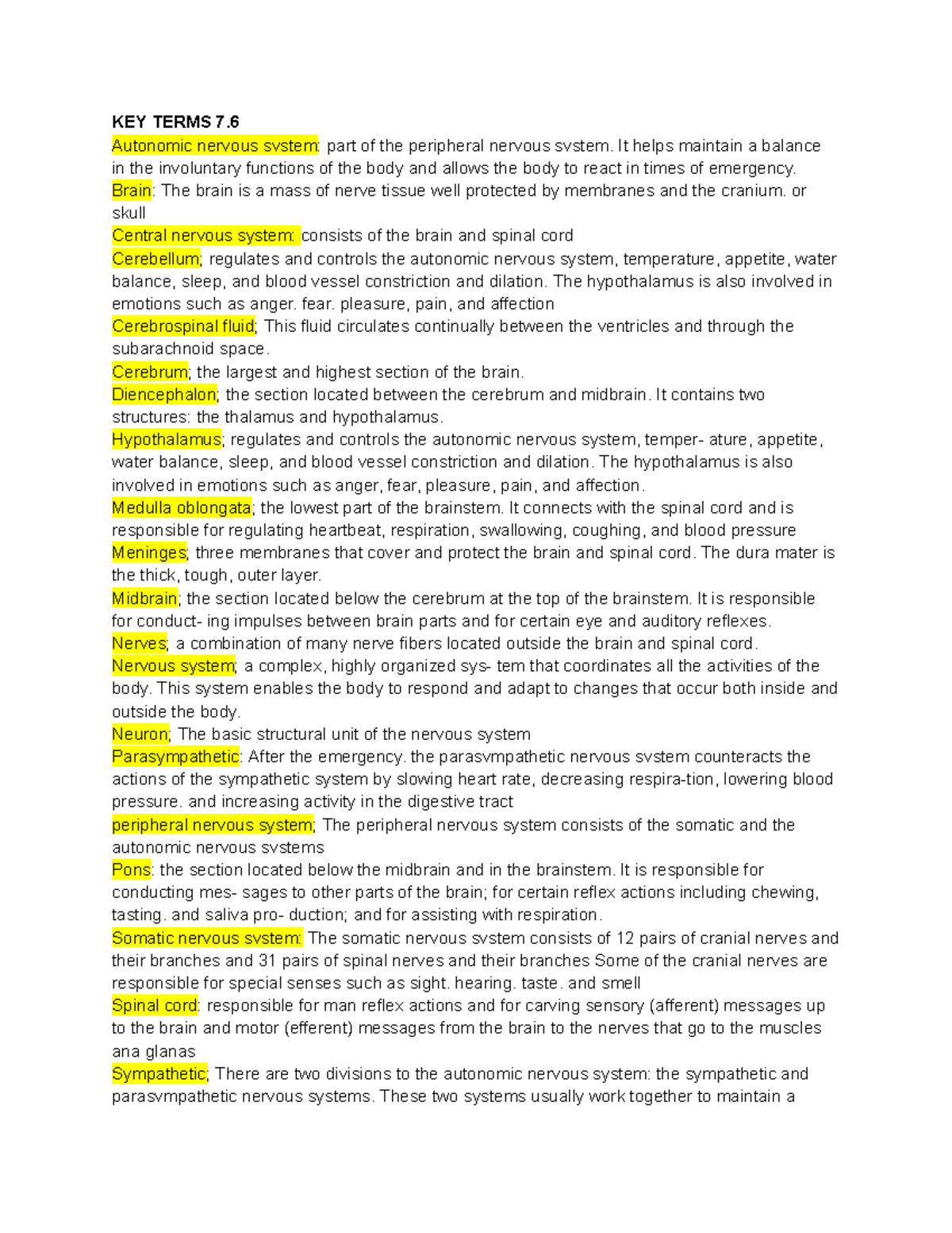 Define Key Terms 7 - KEY TERMS 7. Autonomic nervous svstem: part of the ...