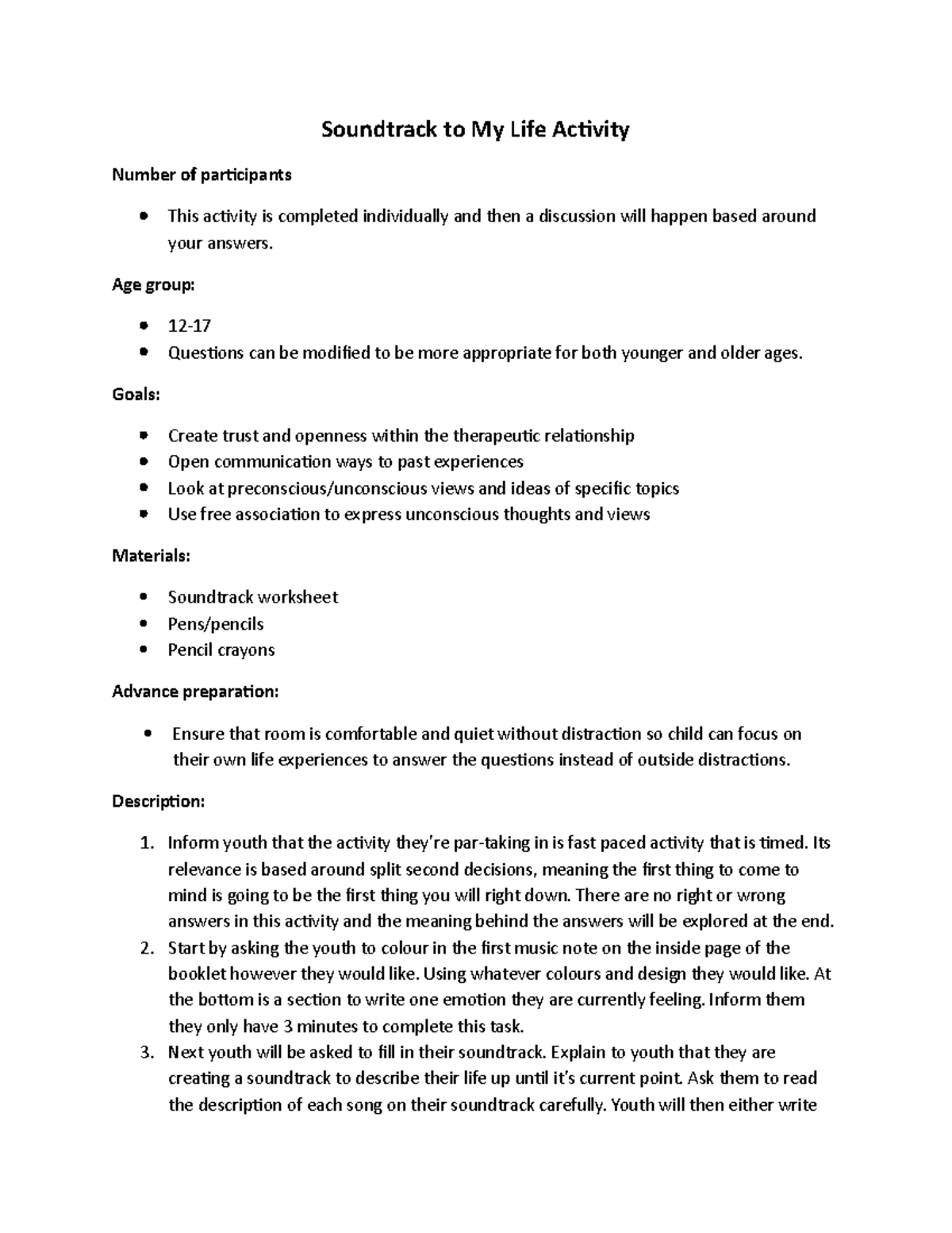 Soundtrack to My Life Activity (psychdynamic intervention paperwork ...