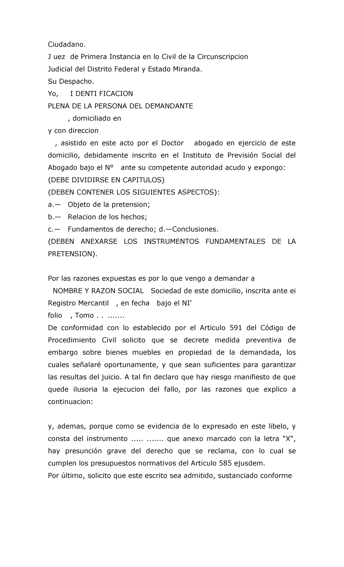 Libelo de demanda demandante asistido demandado persona jurídica ...