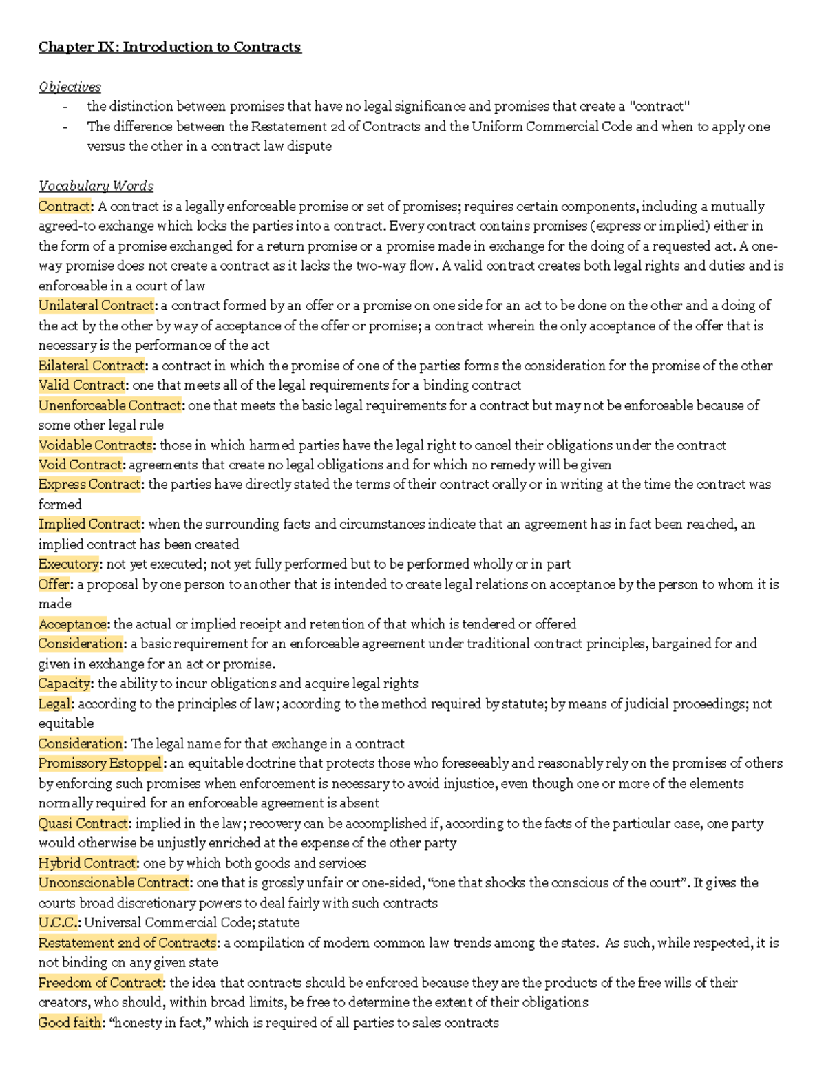 BUS05 Chapter 9 Intro to Contracts - Chapter IX: Introduction to Contracts Objectives - the ...