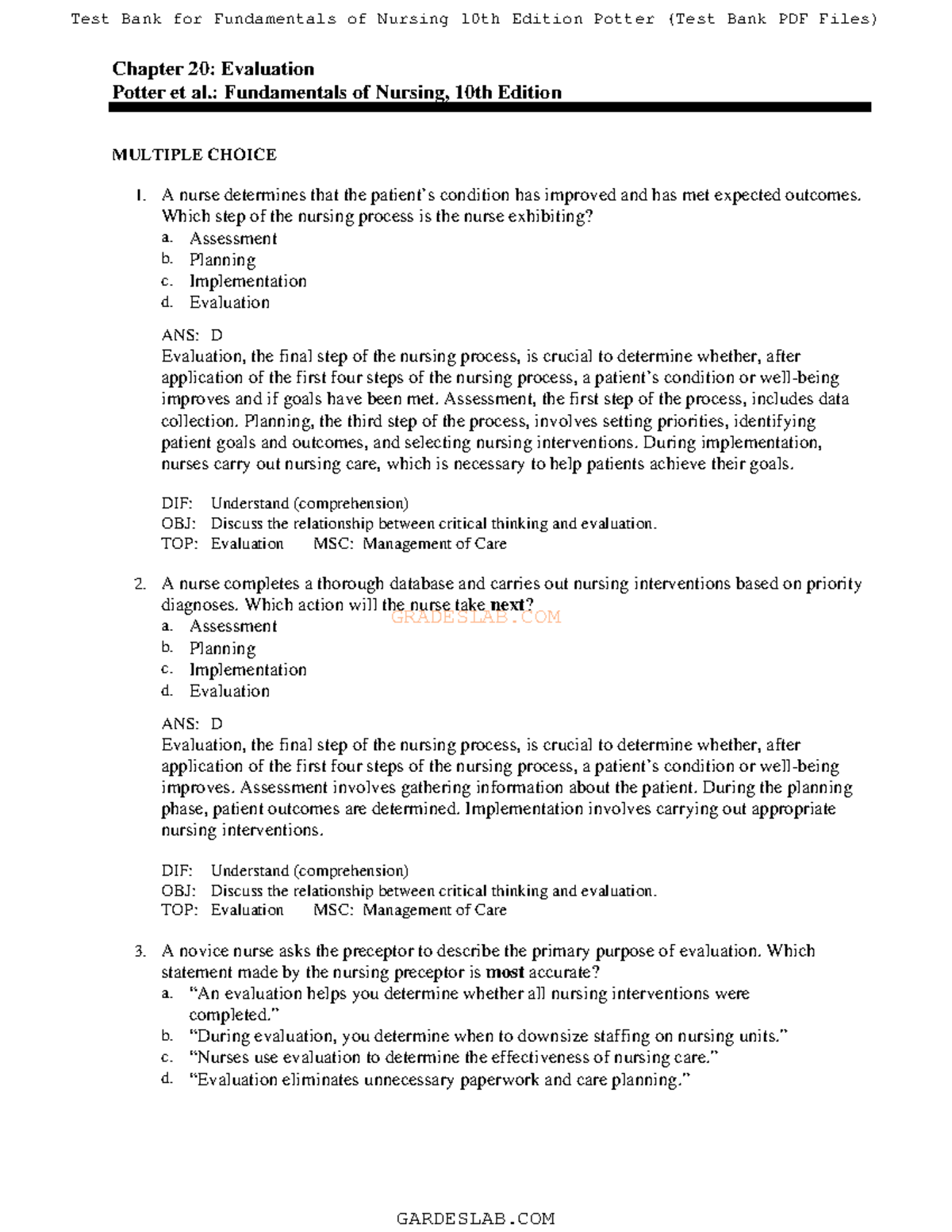 Fundamentals Ch 20 - ch 20 - GRADESLAB Chapter 20: Evaluation Potter et ...