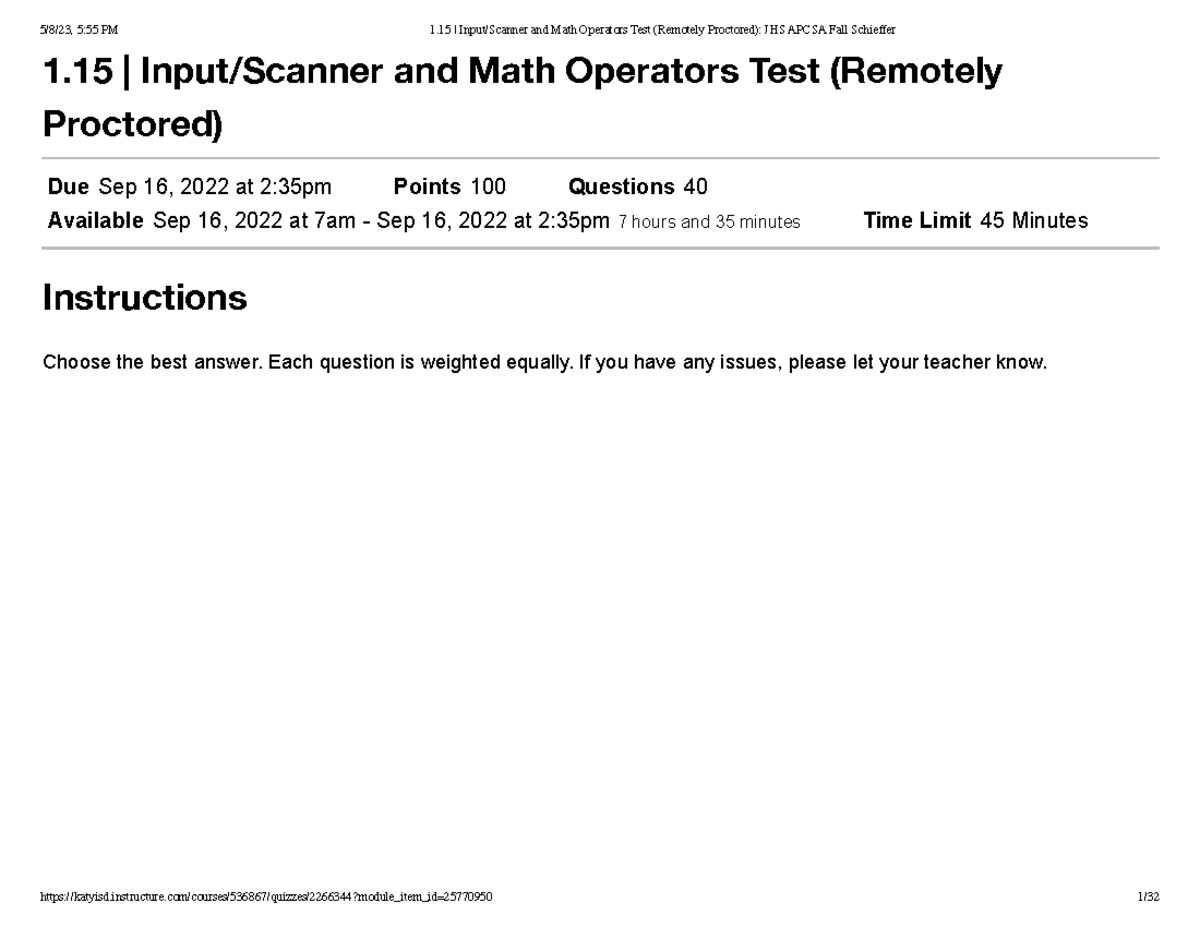 1.15 Input Scanner and Math Operators Test - Each question is weighted ...