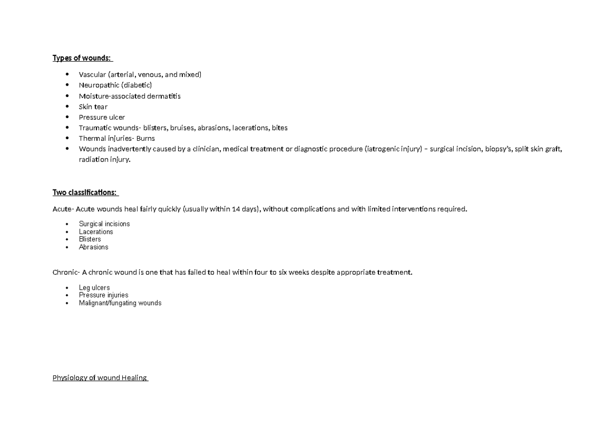 Wound Help sheet - Types of wounds: Vascular (arterial, venous, and ...