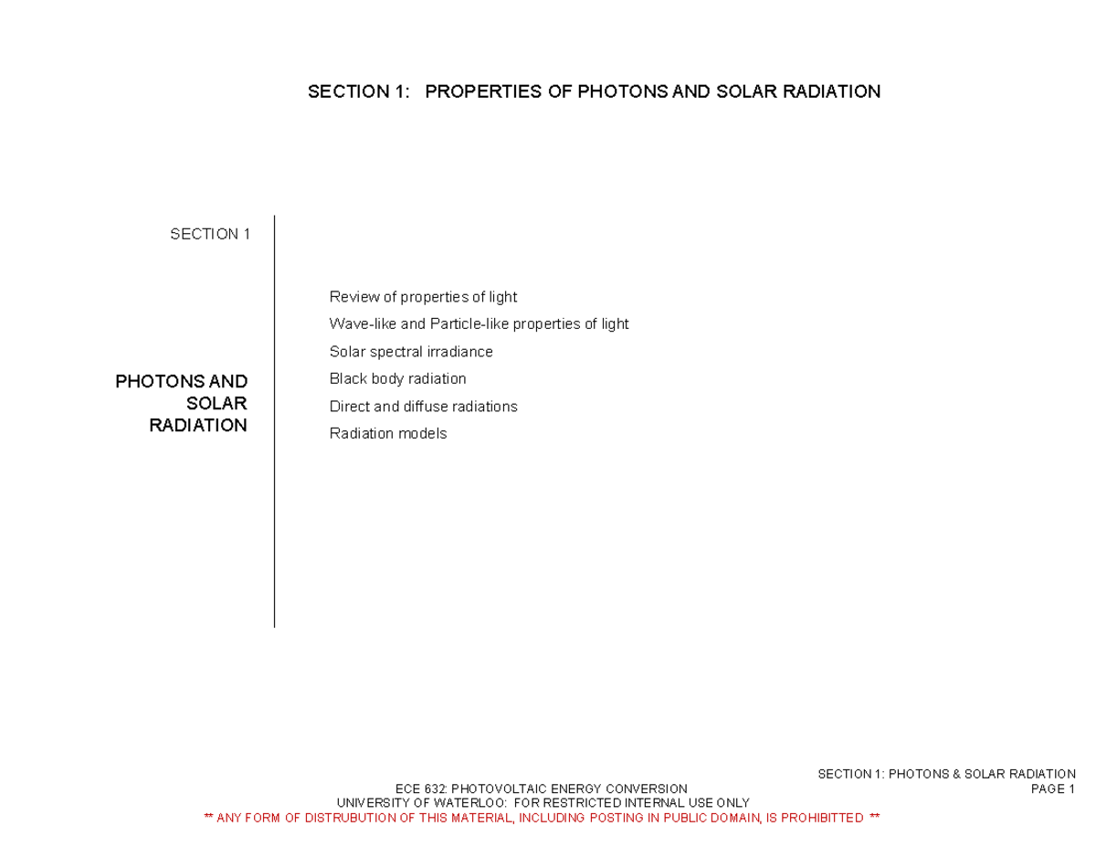 Section 1 Photons and Solar Radiation - SECTION 1: PROPERTIES OF ...