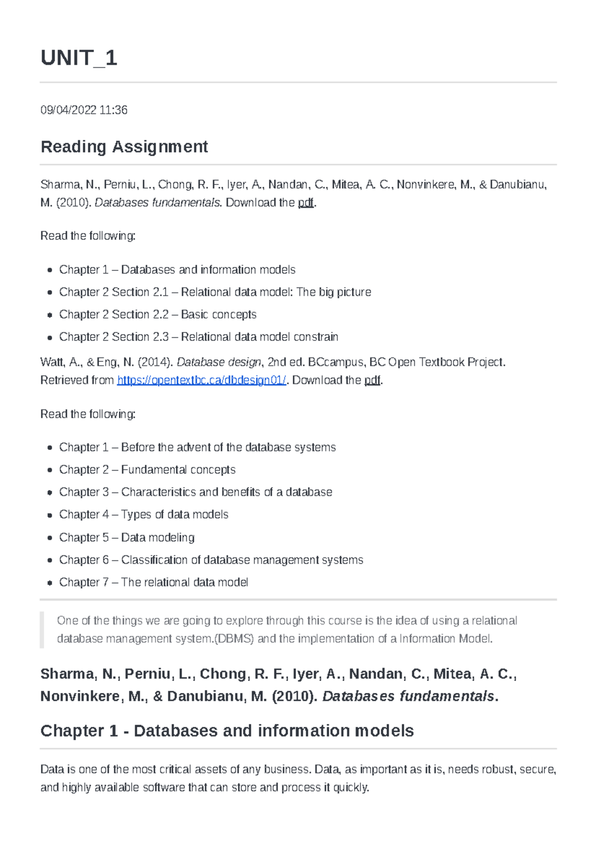 UNIT 1 - Summaries UNIT_1 - UNIT_ 09/04/2022 11: Reading Assignment ...