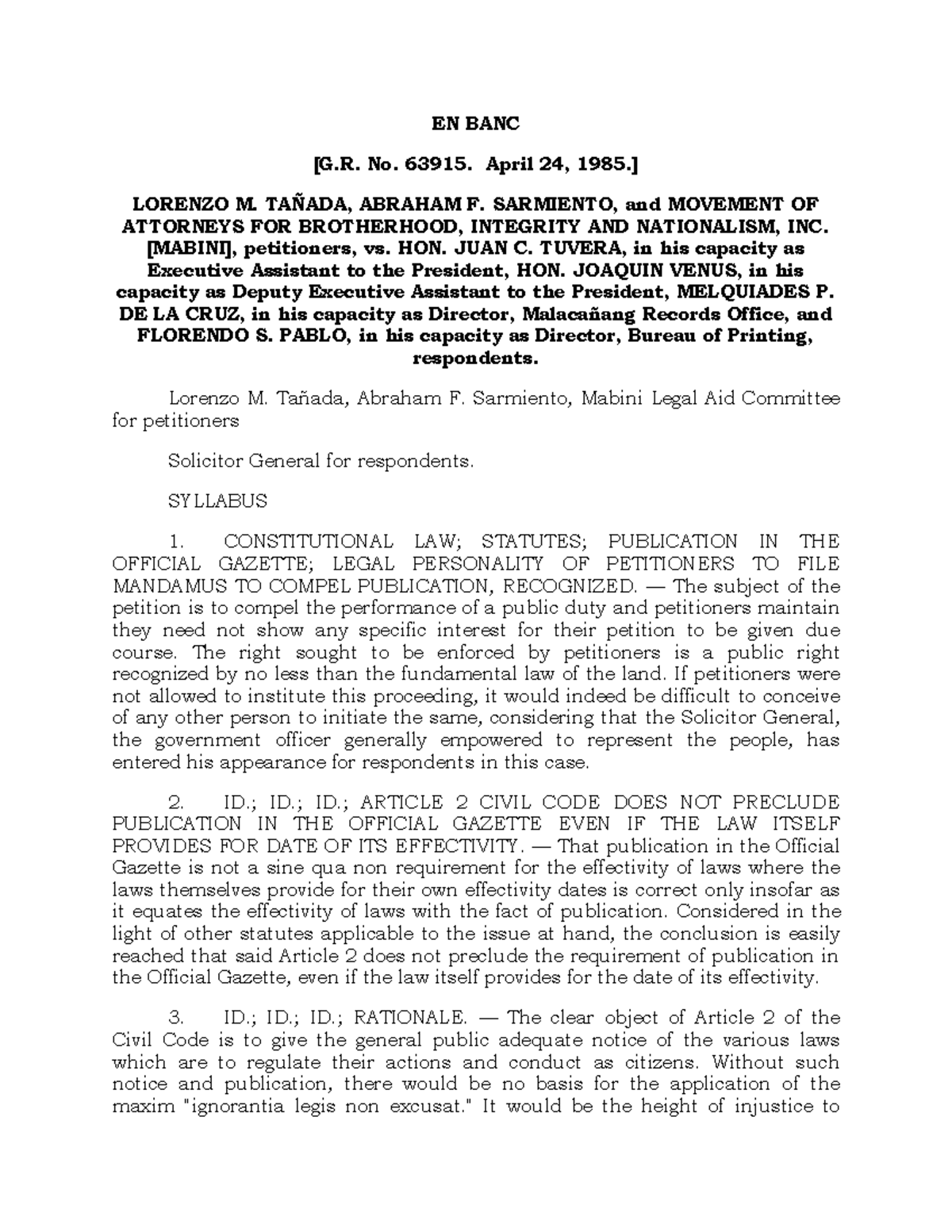 20. Tañada v. Tuvera (1985) - EN BANC [G. No. 63915. April 24, 1985 ...