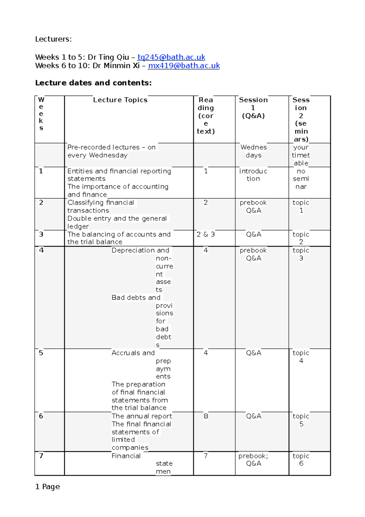 Accounting - Lecturers: Weeks 1 to 5: Dr Ting Qiu – tq245@bath.ac Weeks ...