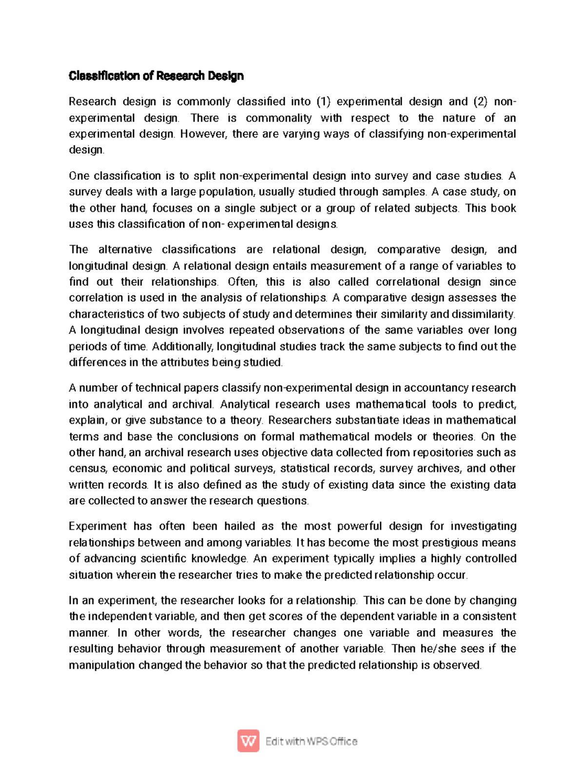 Classification of Research Design - Classification of Research Design ...