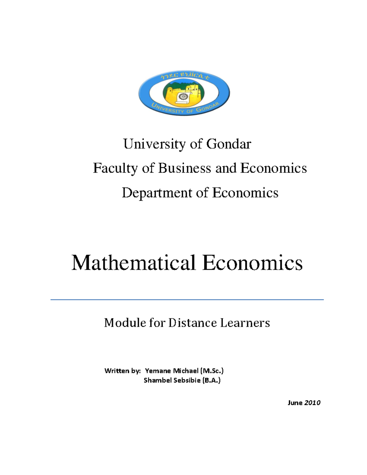 Mathematical Economics - University of Gondar Faculty of Business and ...