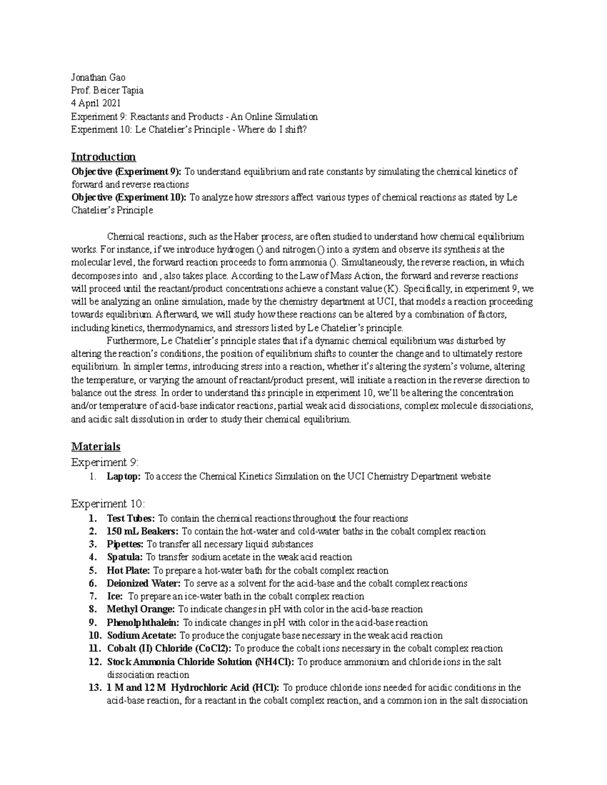 Gao Jonathan Experiment 9 10 - Jonathan Gao Prof. Beicer Tapia 4 April ...