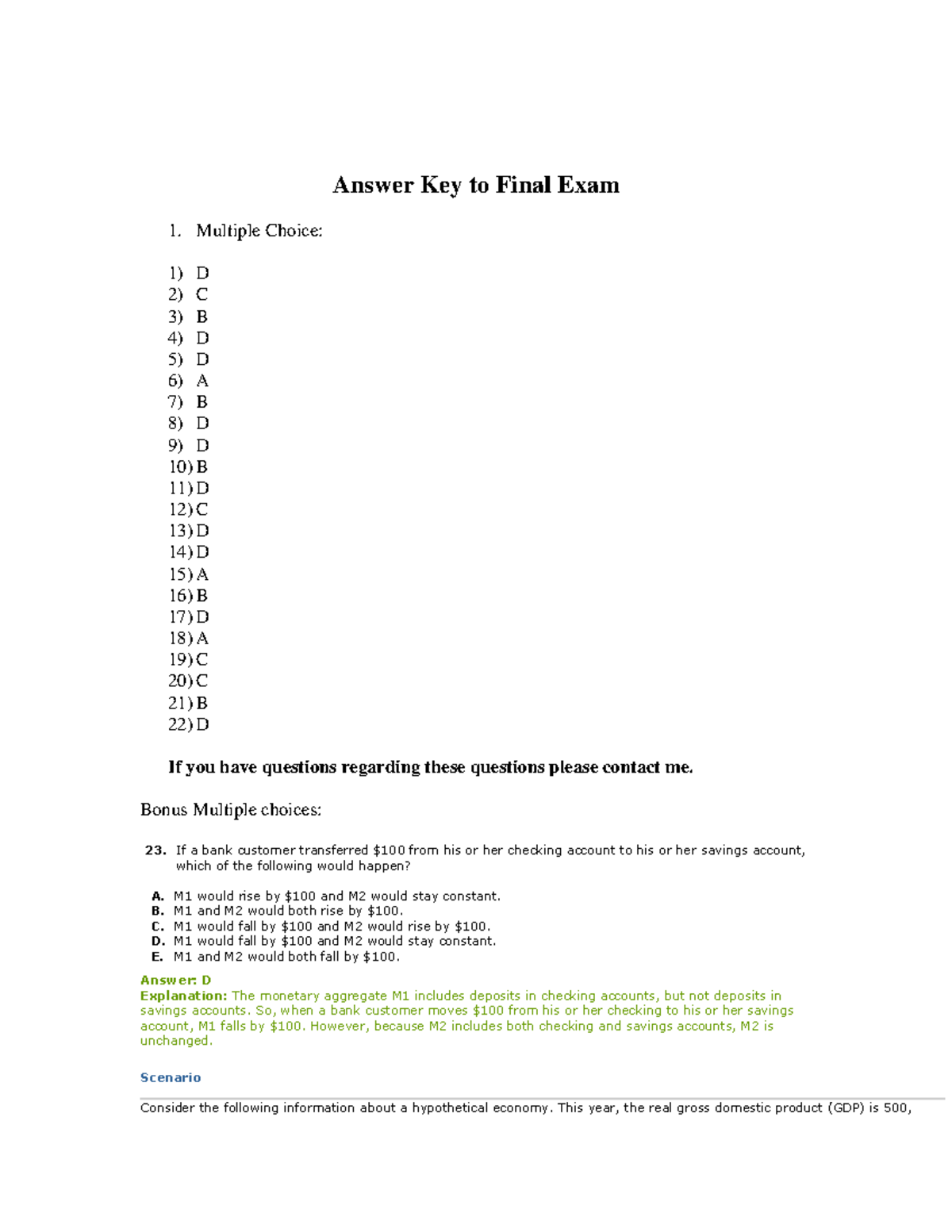 Final, questions and answers - Answer Key to Final Exam 1. Multiple ...