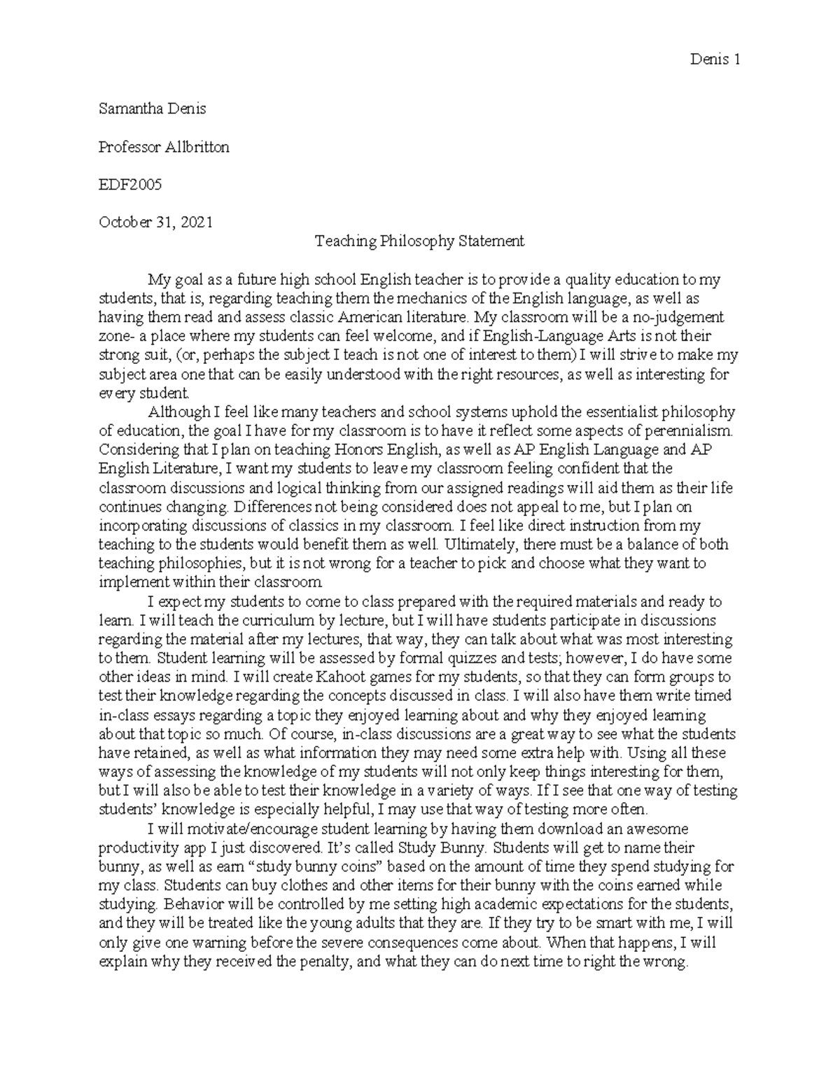 Teaching Philosophy Statement - Denis 1 Samantha Denis Professor ...