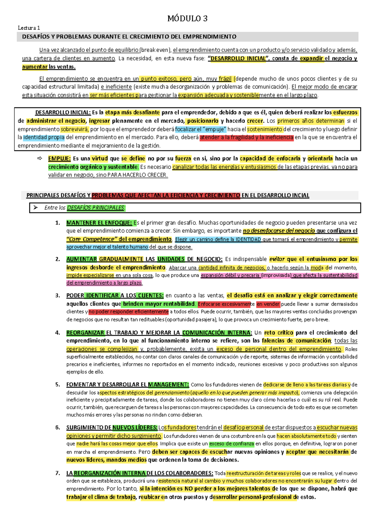 Resumen Modulo 3 y 4 - Desarrollo Emprendedor-1111 - MÓDULO 3 Lectura 1 DESAFÍOS Y PROBLEMAS ...