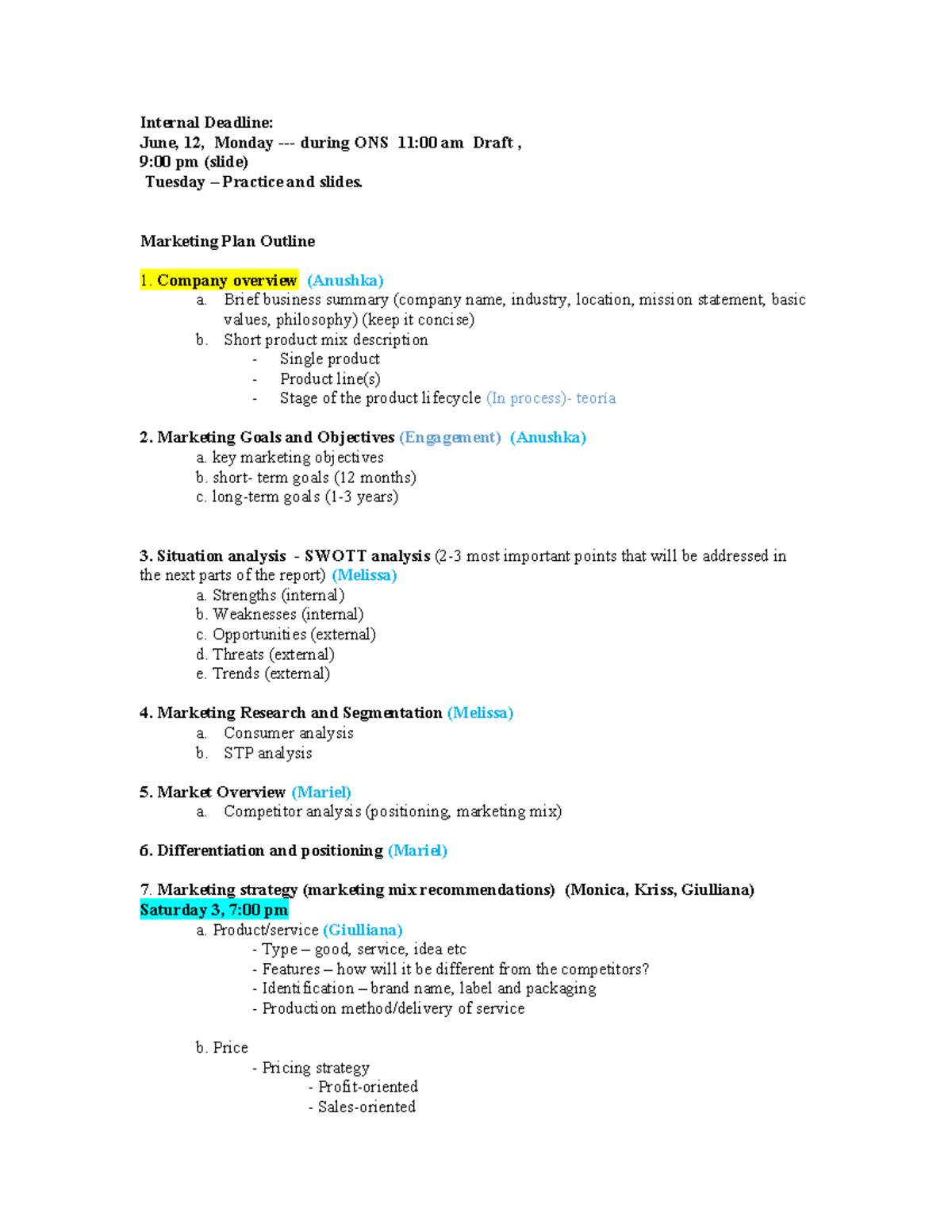 Final Project - Sample Marketing Plan Outline - Deadlines and ...