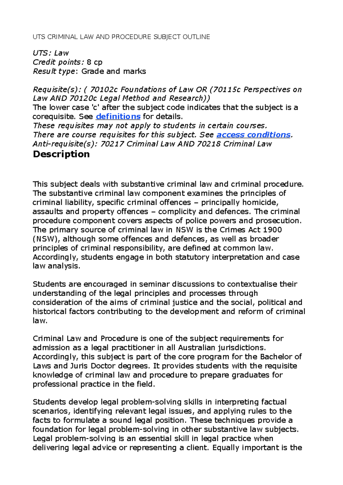 CLAP Subject outline - UTS CRIMINAL LAW AND PROCEDURE SUBJECT OUTLINE ...