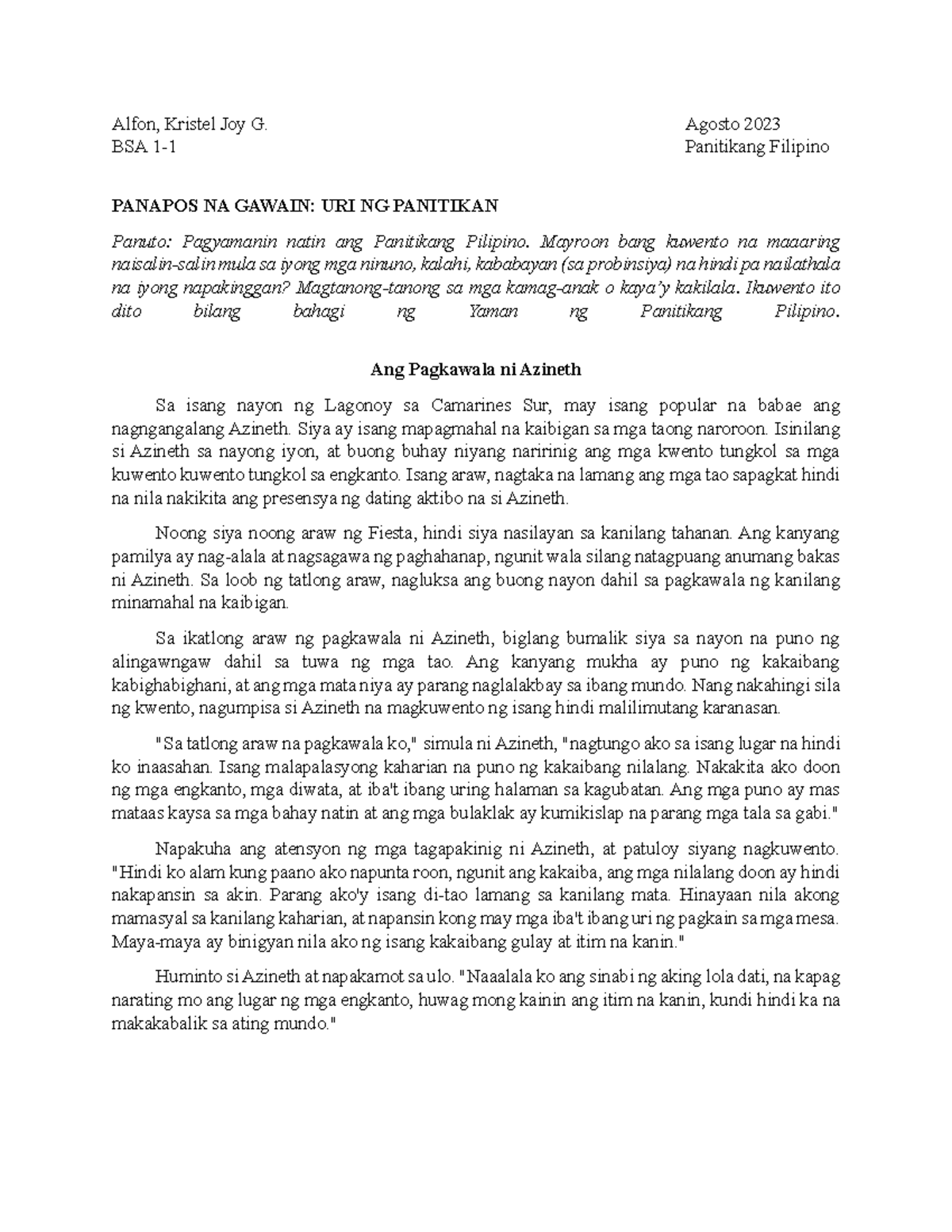 Panitikang Filipino, Story - Alfon, Kristel Joy G. Agosto 2023 BSA 1-1 ...