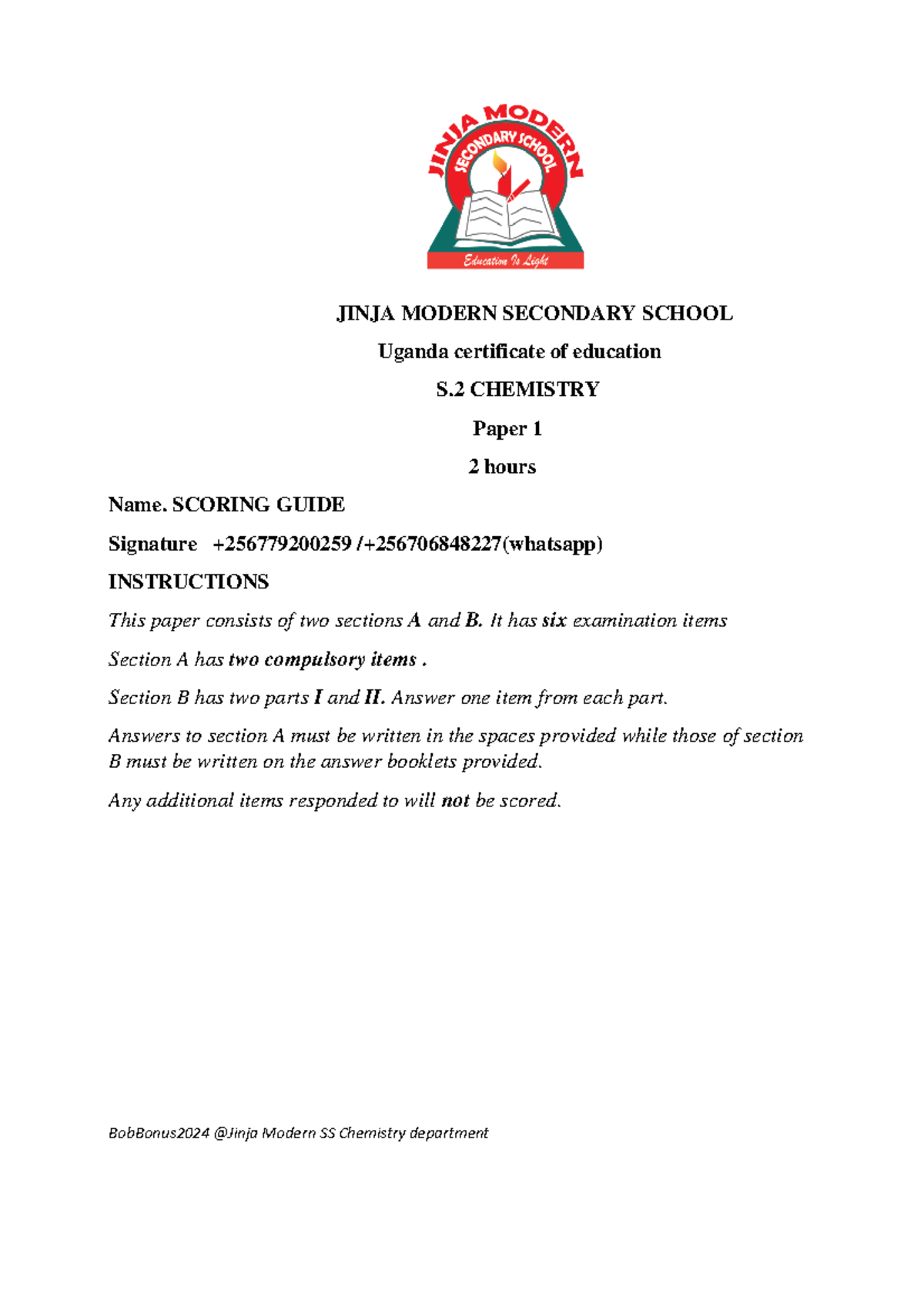 UCE S2 Chemistry Paper 1 Scoring Guide - JINJA MODERN SECONDARY SCHOOL ...
