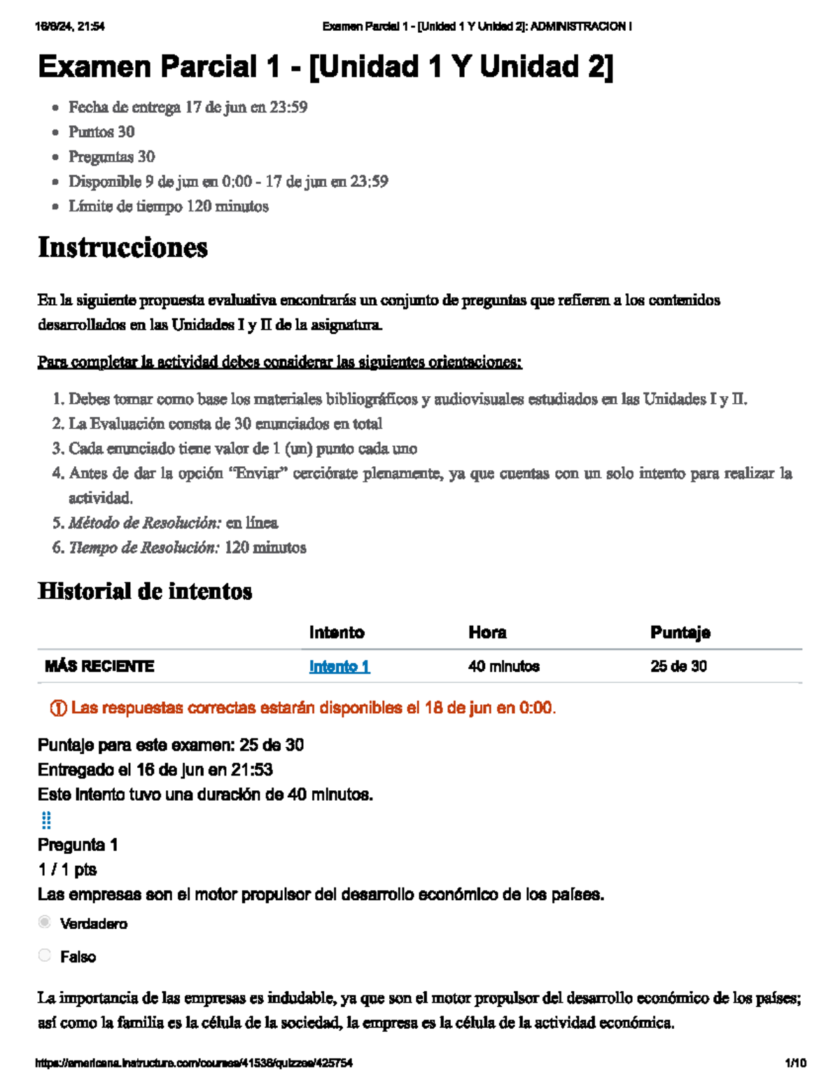 Evaluacion parcial - 21:54 Examen Parcial 1 1 Y Unidad ADMINISTRACION I Examen Parcial 1 1 Y ...