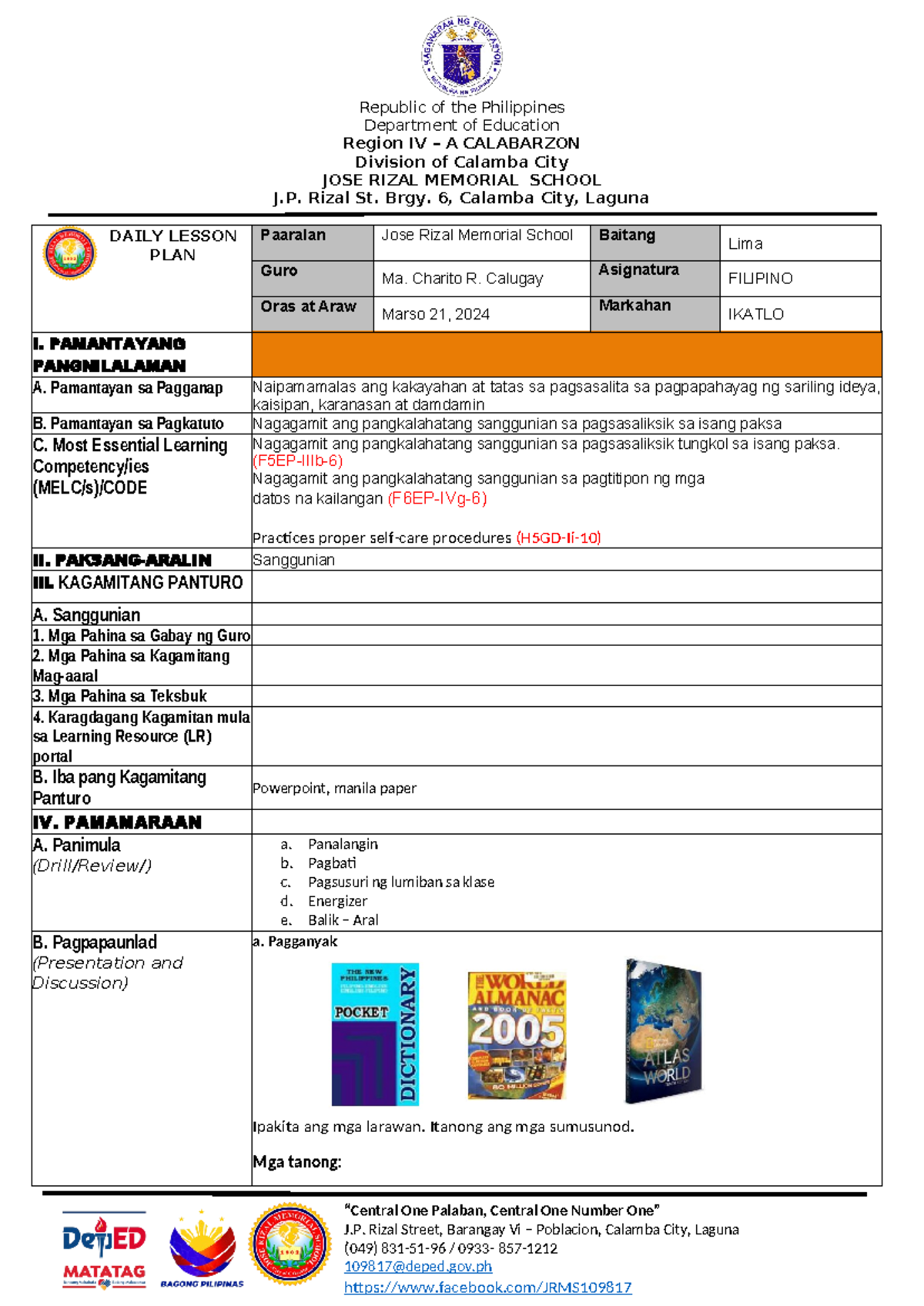 Q3WK8 Filipino 5 Marso 21,2024 - Department of Education Region IV – A ...