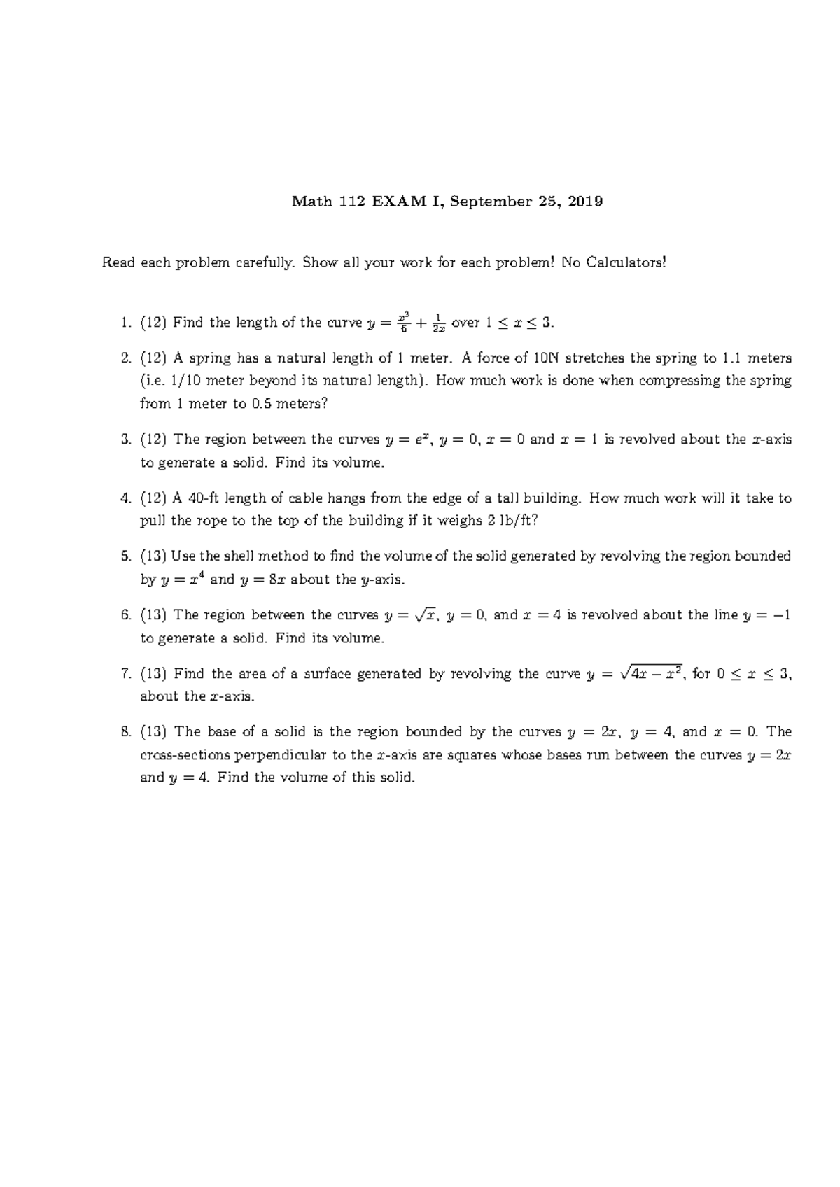 NJIT Common #1 (two) - Math 112 EXAM I, September 25, 2019 Read each ...