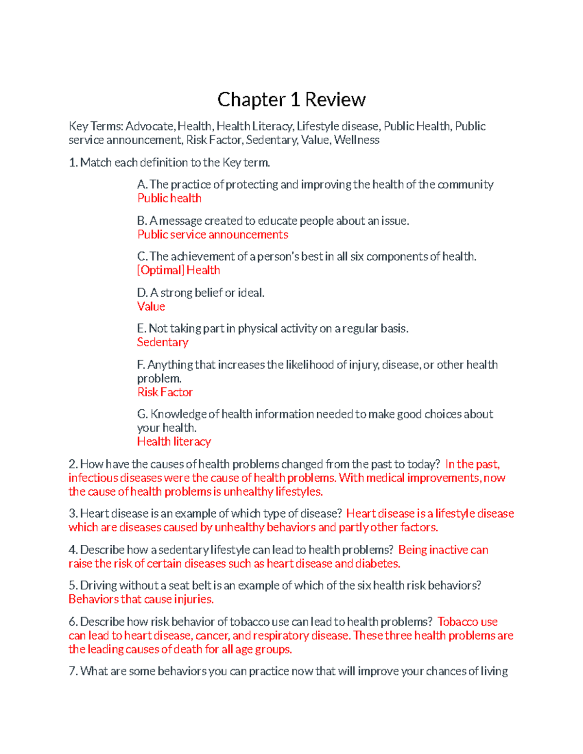 Chapter 1 Review - Chapter 1 Review Key Terms: Advocate, Health, Health ...