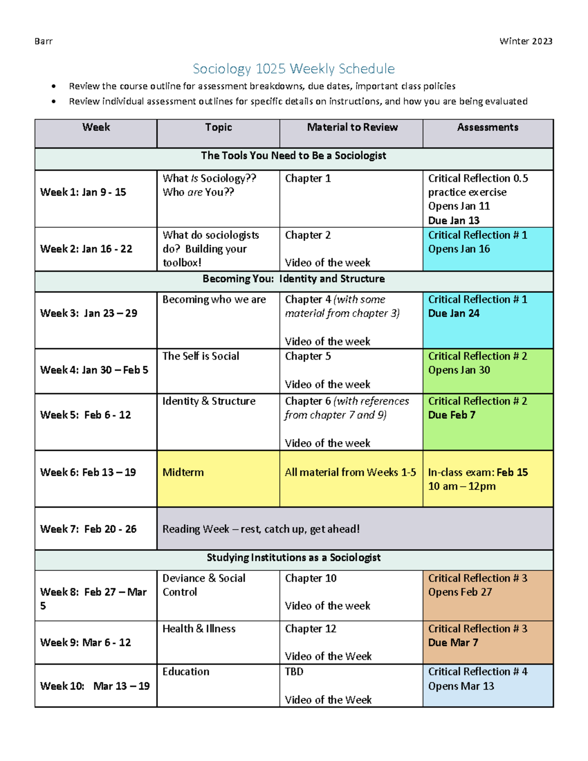 Soc 1025 Winter 2023 Weekly Schedule - Barr Winter 2023 Sociology 1025 ...