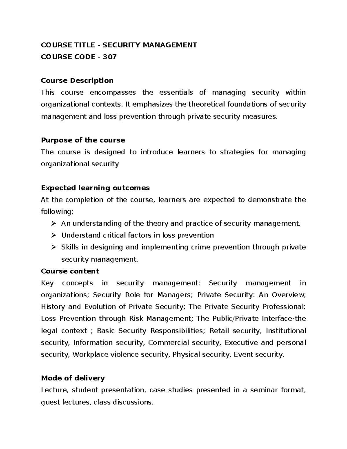 SCR 307 Course Outline - Lecture notes - COURSE TITLE - SECURITY ...