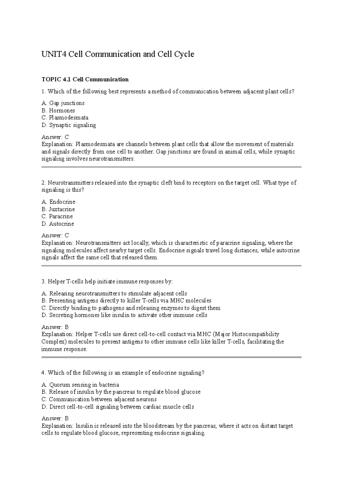 APBiology Unit 4 Testcell Communication Cell Cyclewithanswerexplanation ...