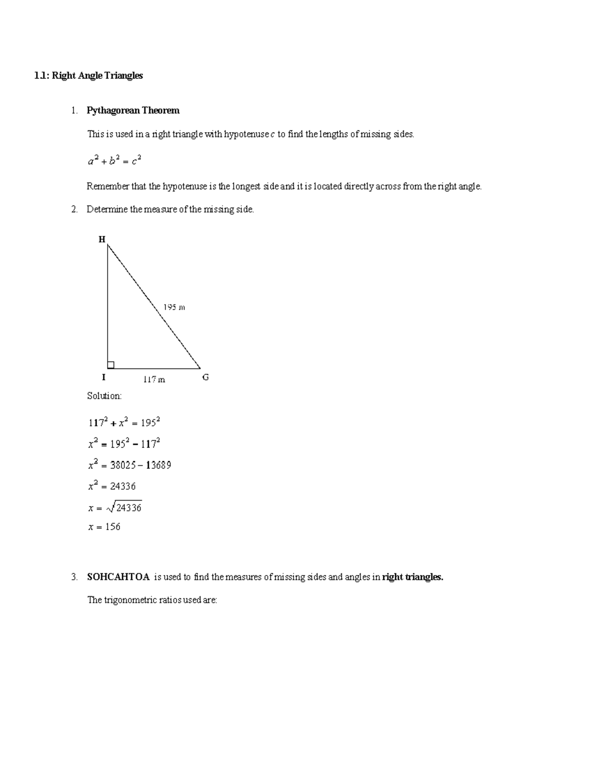 Unit 1 Trigonometry - 1: Right Angle Triangles Pythagorean Theorem This ...