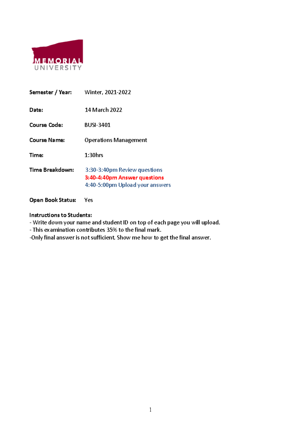 BUSI-3401- Exam - gggggghh - Semester / Year: Winter, 2021- Date: 14 ...