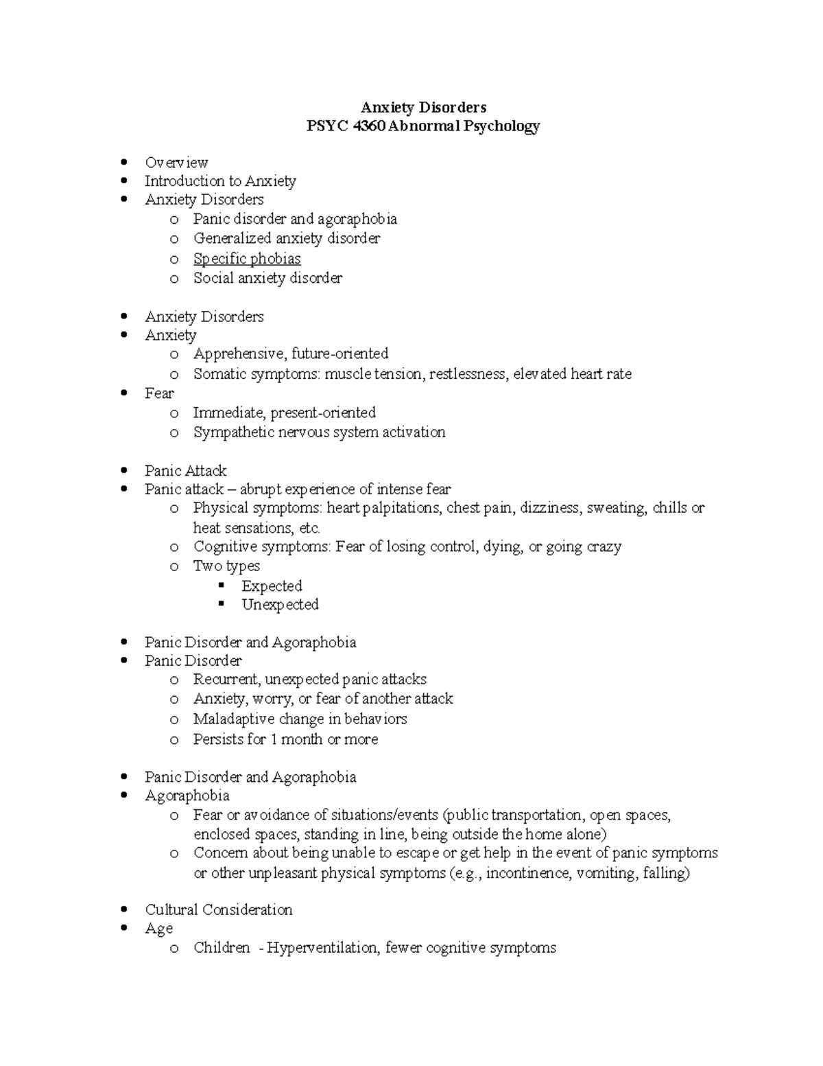 Anxiety Disorders - Lecture notes 2 - Anxiety Disorders PSYC 4360 ...