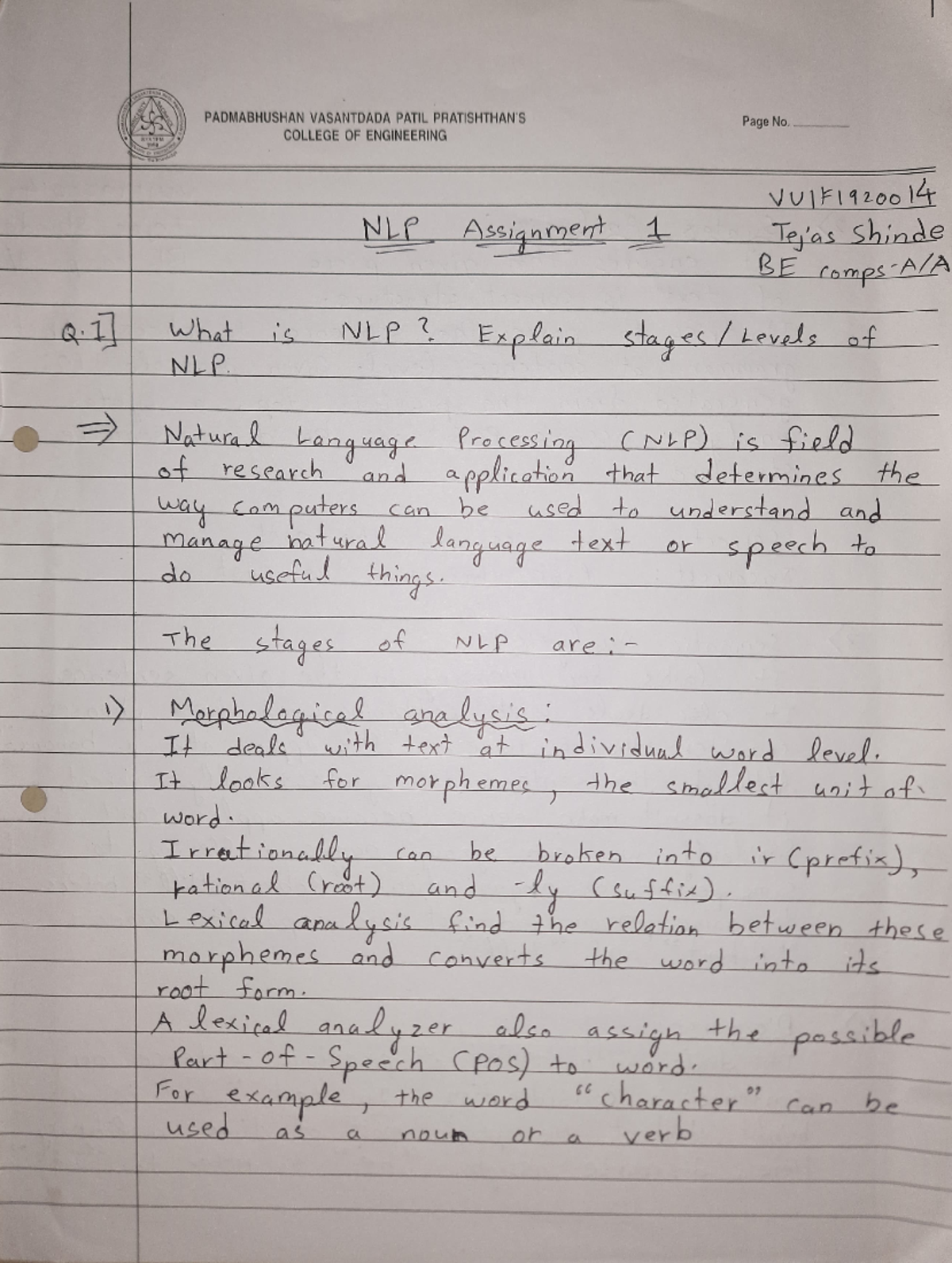 VU1F192001 4 A NLPAssignment No - Natural language Processing - MU - Studocu