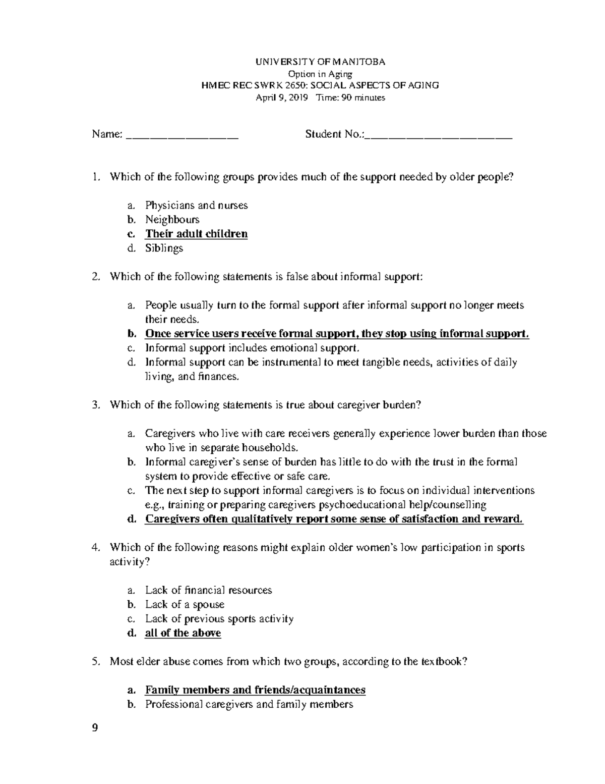 2650 Final Answer KEY 2019 UNIVERSITY OF MANITOBA Option In Aging