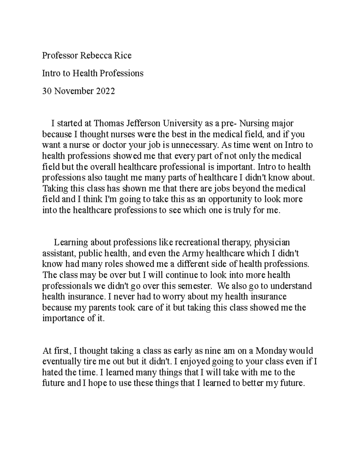 Refection paper - Final assignment in health profession class week 16 ...
