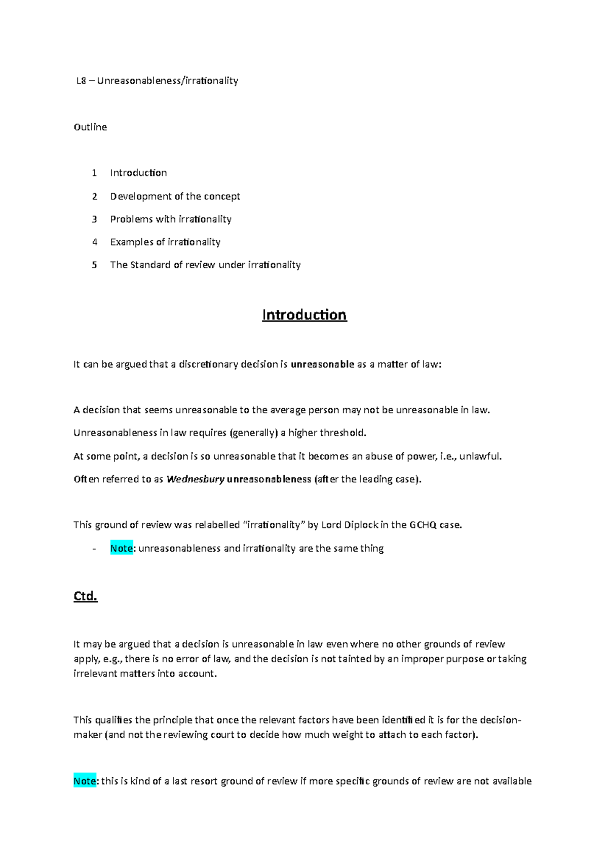 L8 – Unreasonableness - irrationality - L8 – Unreasonableness/irrationality Outline 1 ...