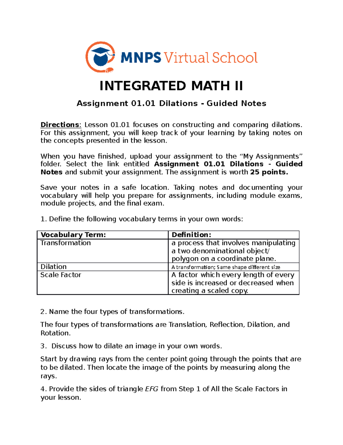 01.01 Dilations Guided Notes - INTEGRATED MATH II Assignment 01 ...