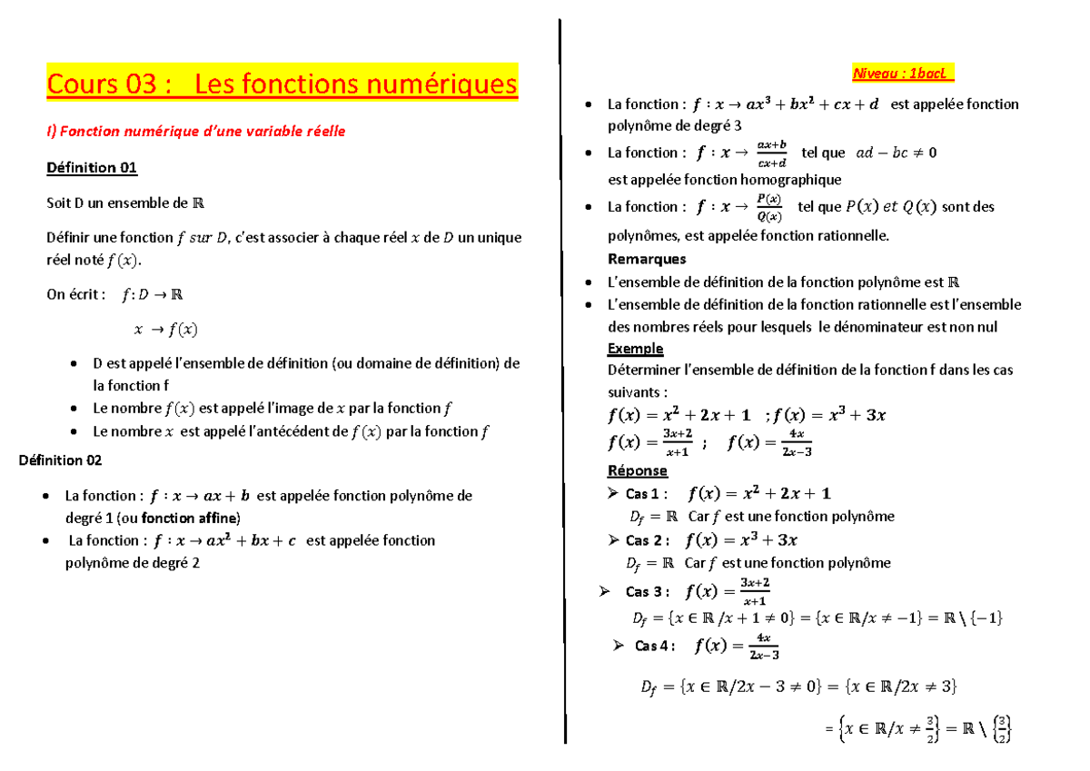 Fonctions-lettre-pdf - Cours 03 : Les fonctions numériques I) Fonction ...